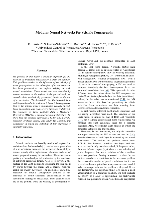 (PDF) Modular neural networks for seismic tomography