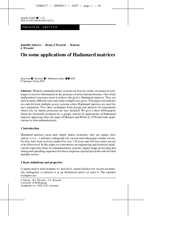 (PDF) On some applications of Hadamard matrices