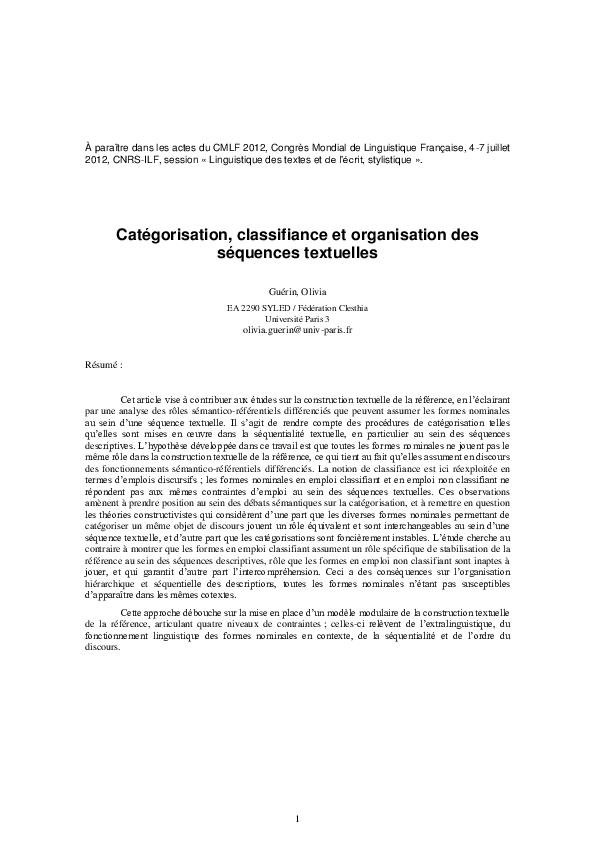 Catégorisation, classifiance et organisation des séquences textuelles