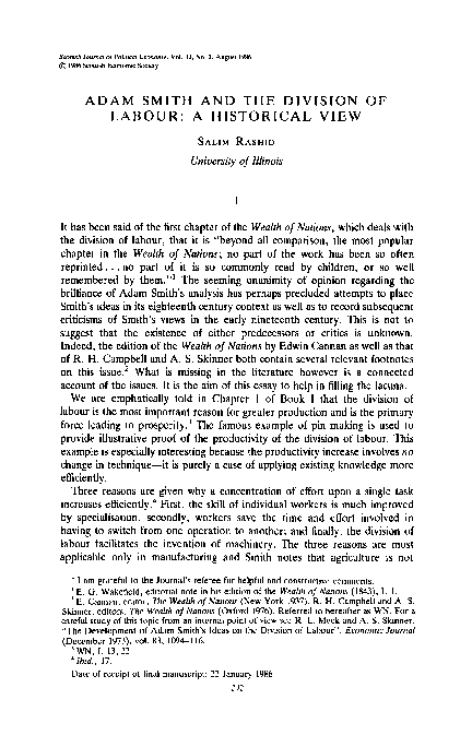 (PDF) Adam Smith and the Division of Labour: A Historical View