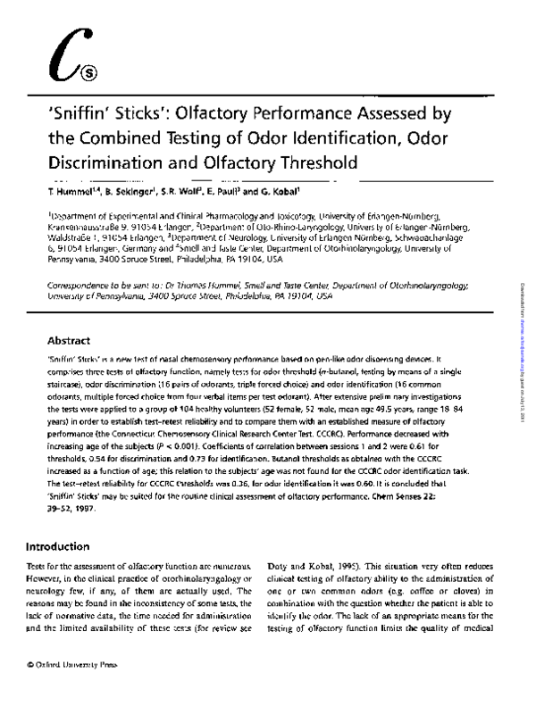 (PDF) ‘Sniffin’ Sticks': Olfactory Performance Assessed by the Combined ...