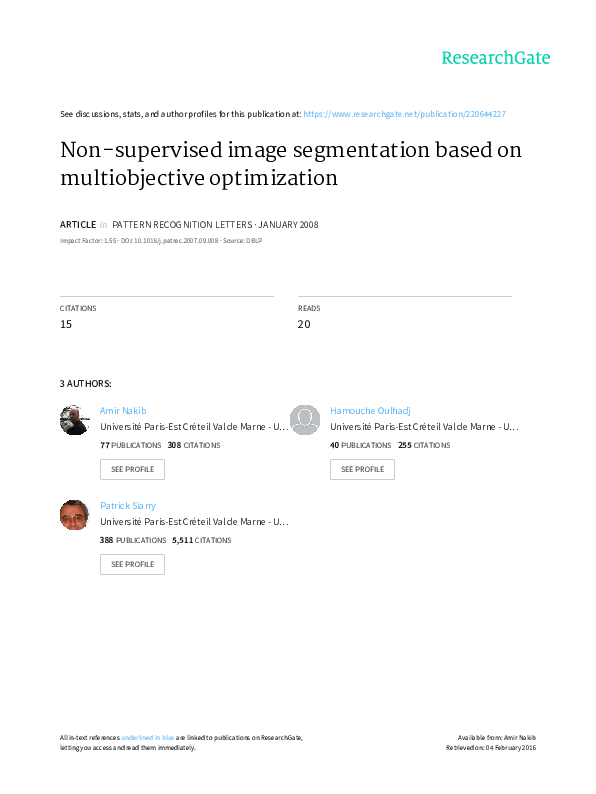 Pdf Non Supervised Image Segmentation Based On Multiobjective Optimization