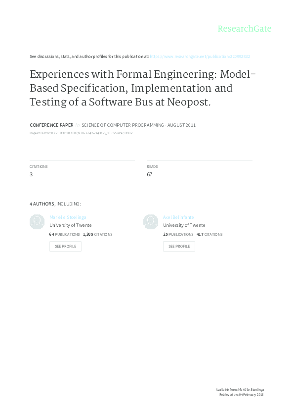 Pdf Experiences With Formal Engineering Model Based Specification Implementation And Testing