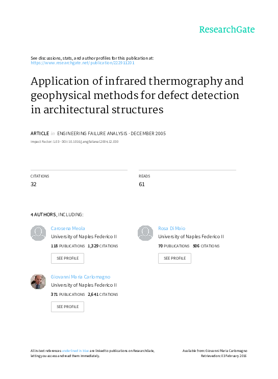 (PDF) Application of infrared thermography and geophysical methods for defect detection in ...