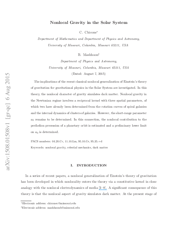 (PDF) Nonlocal Gravity in the Solar System | Bahram Mashhoon - Academia.edu