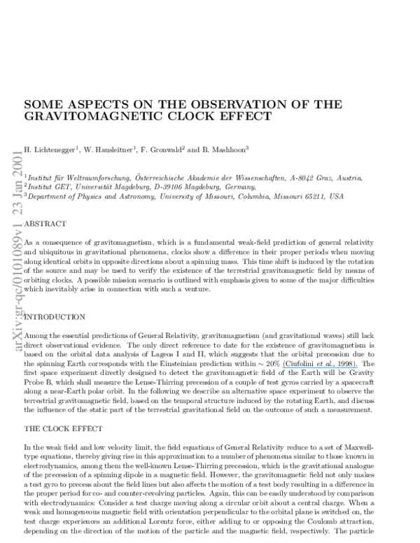 (PDF) Some aspects on the observation of the gravitomagnetic clock effect