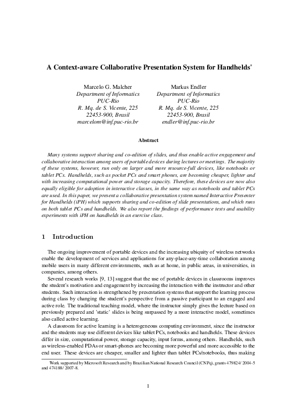 (PDF) A Context-Aware Collaborative Presentation System for Handhelds