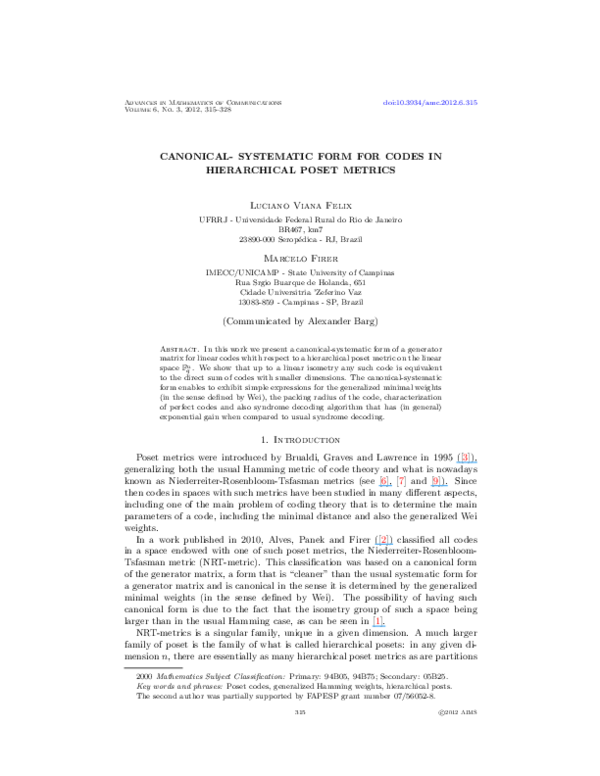 (PDF) Canonical- systematic form for codes in hierarchical poset metrics