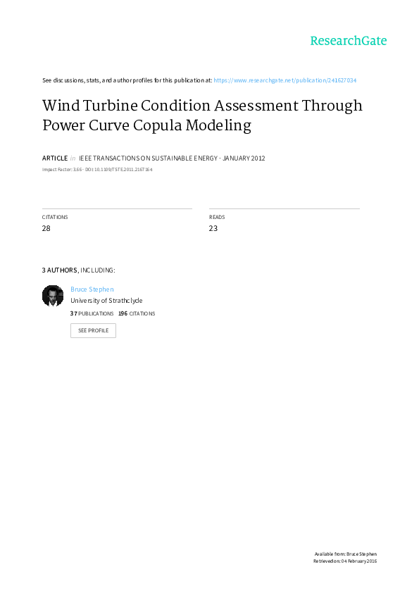 (PDF) Wind Turbine Condition Assessment Through Power Curve Copula Modeling