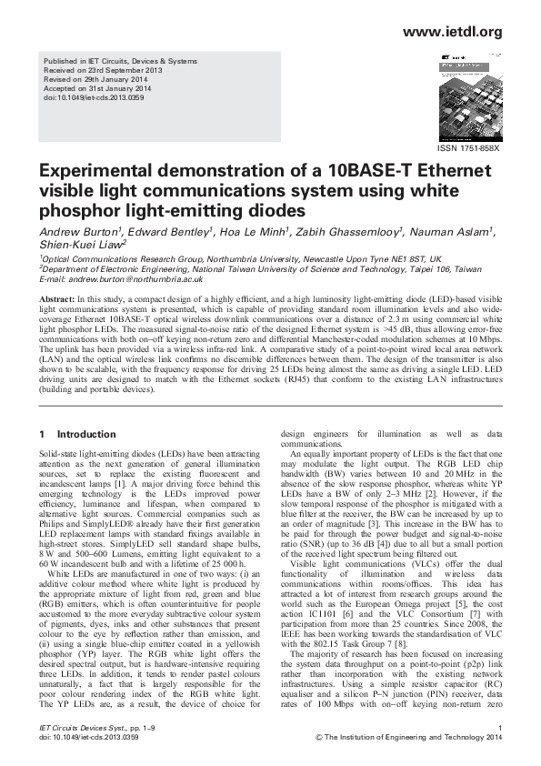 (PDF) Experimental demonstration of a 10BASE-T Ethernet visible light communications system ...