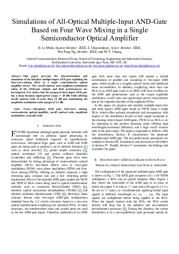 Pdf Simulations Of All Optical Multiple Input And Gate Based On Four Wave Mixing In A Single