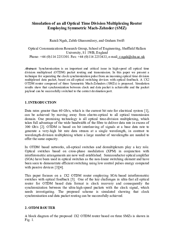Pdf Simulation Of An All Optical Time Division Multiplexing Router Employing Symmetric Mach