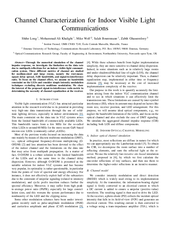 (PDF) Channel characterization for indoor visible light communications