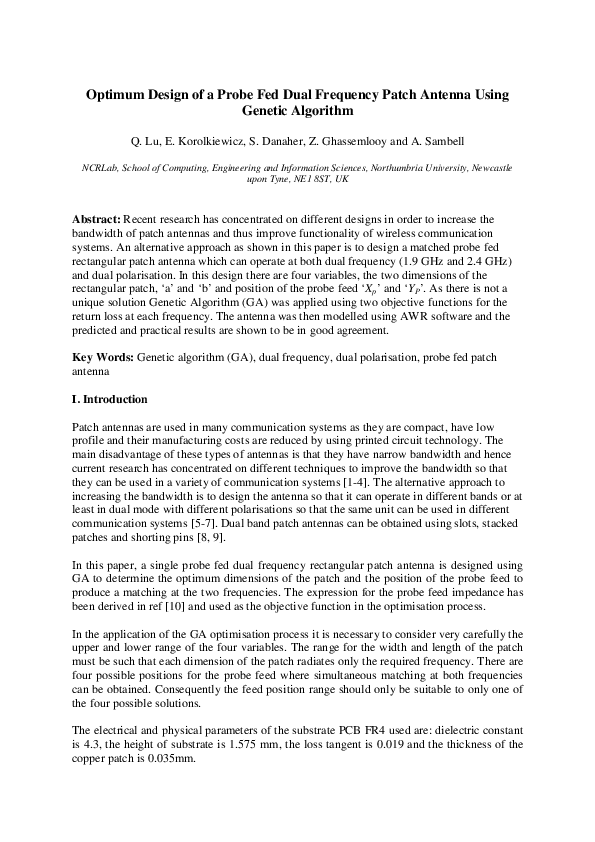 Pdf Optimum Design Of A Probe Fed Dual Frequency Patch Antenna Using Genetic Algorithm
