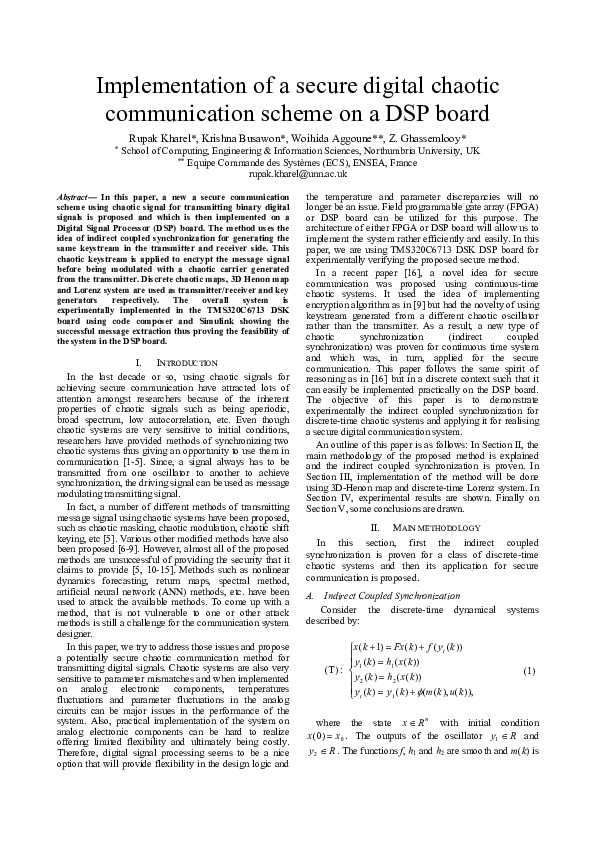 (PDF) Implementation of a secure digital chaotic communication scheme on a DSP board