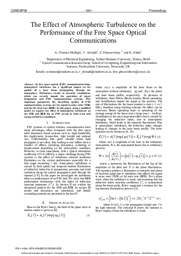 Pdf The Effect Of Atmospheric Turbulence On The Performance Of The Free Space Optical