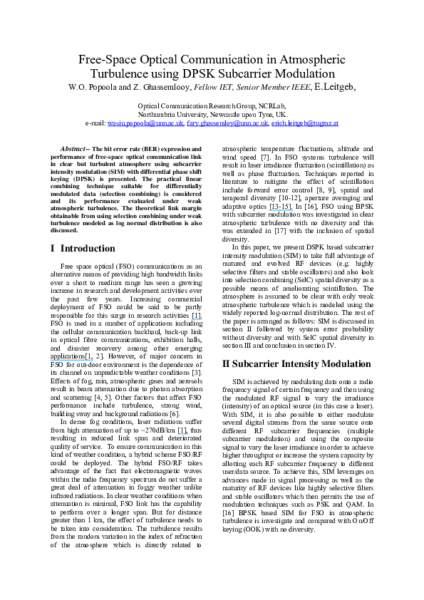 (PDF) Free-Space Optical Communication In Atmospheric Turbulence Using DPSK Subcarrier Modulation