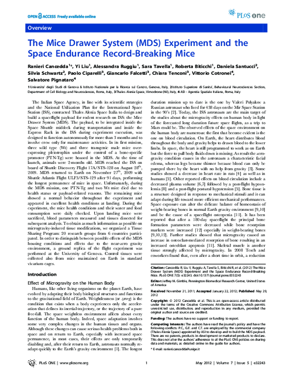 (PDF) The Mice Drawer System (MDS) Experiment and the Space Endurance ...