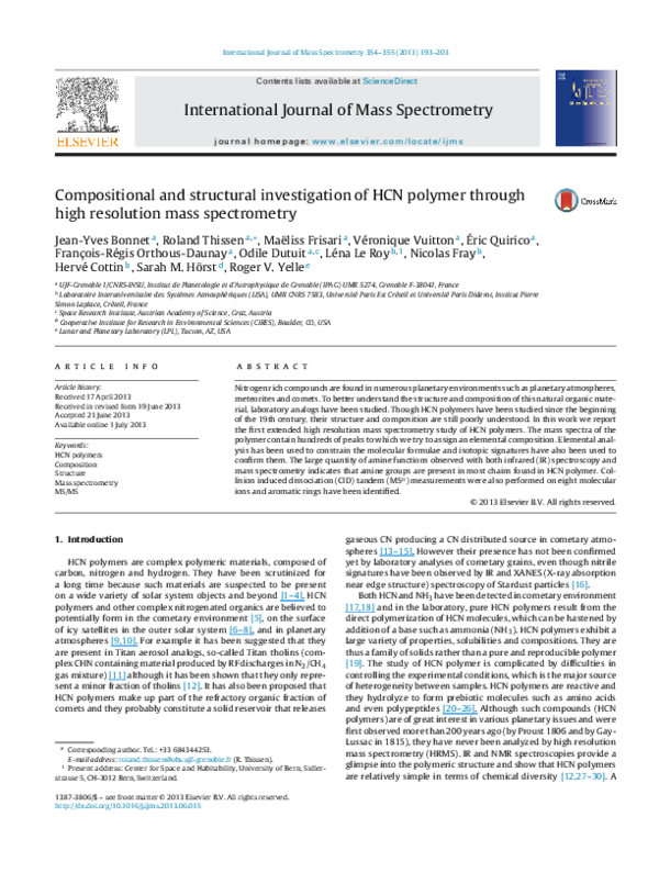 (PDF) Compositional and structural investigation of HCN polymer through high resolution mass ...
