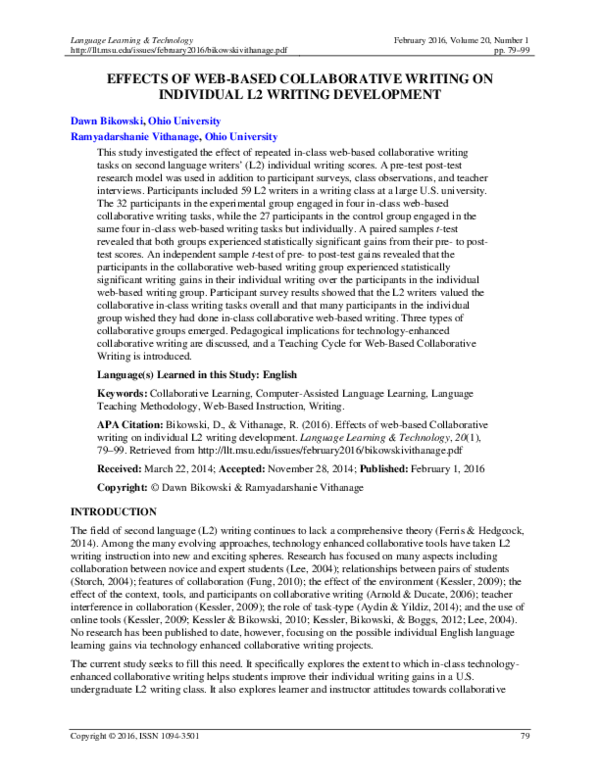 Effects of Web-Based Collaborative Writing on Individual L2 Writing ...