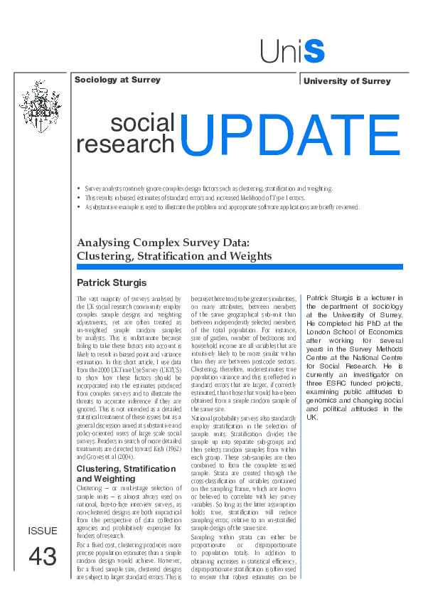 (PDF) Analysing complex survey data: clustering, Stratification and weights