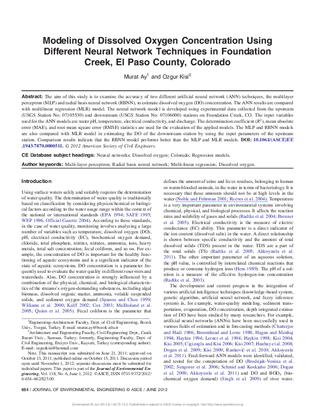 Pdf Modeling Of Dissolved Oxygen Concentration Using Different Neural