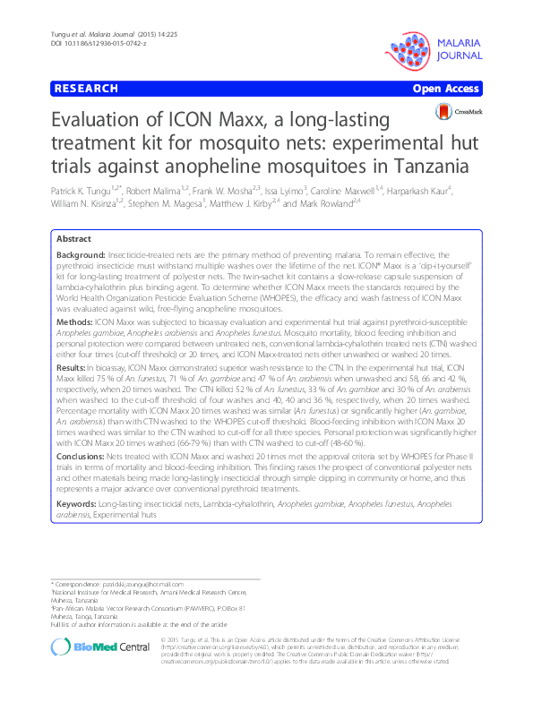 (PDF) Evaluation of ICON Maxx, a long-lasting treatment kit for mosquito nets: experimental hut ...