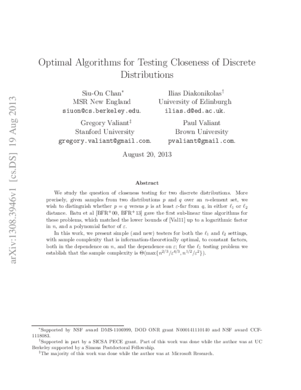 Pdf Optimal Algorithms For Testing Closeness Of Discrete Distributions Ilias Diakonikolas