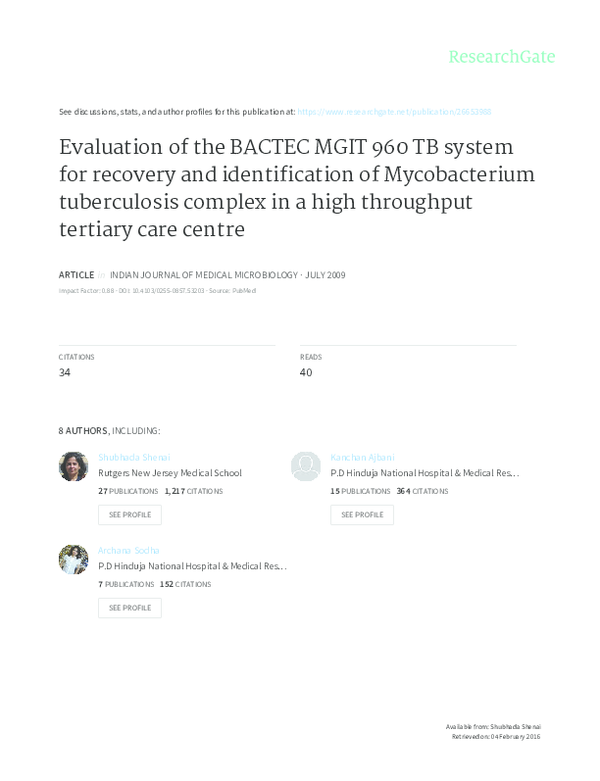 (PDF) Evaluation of the bactec MGIT 960 TB 0 system for recovery and ...