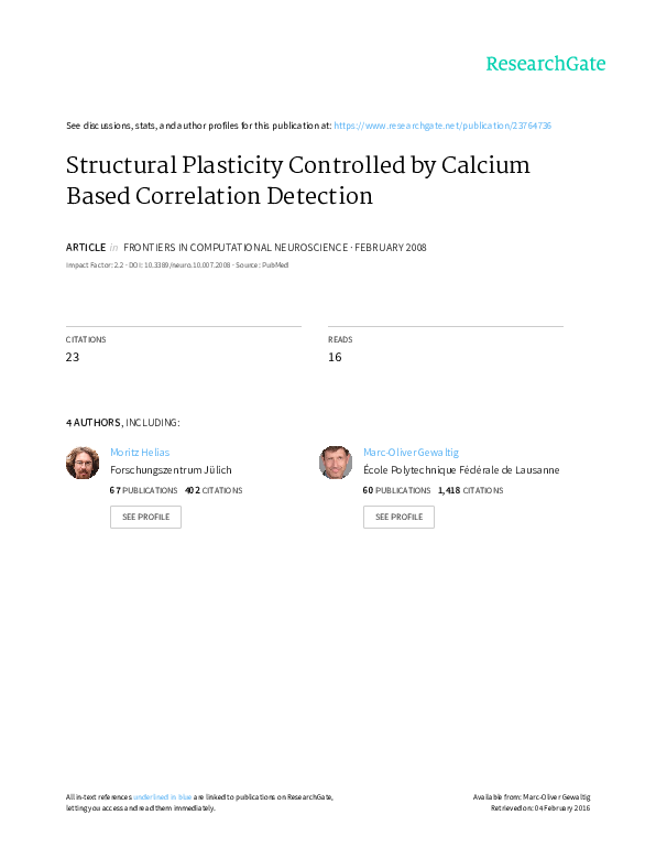 (PDF) Structural plasticity controlled by calcium based correlation ...