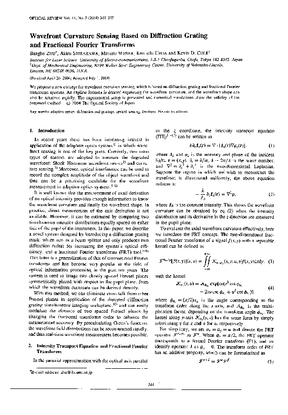 (PDF) Wavefront Curvature Sensing Based on Diffraction Grating and Fractional Fourier Transforms