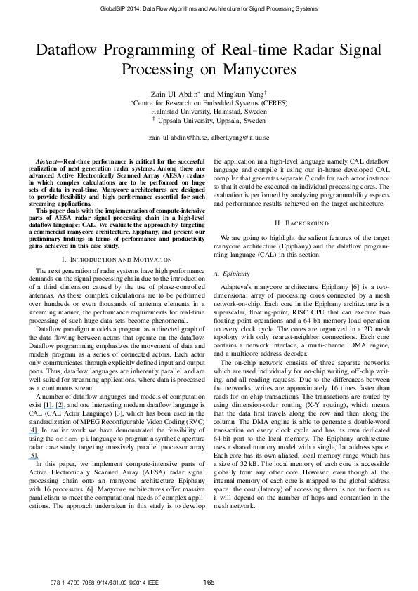 Pdf Dataflow Programming Of Real Time Radar Signal Processing On Manycores