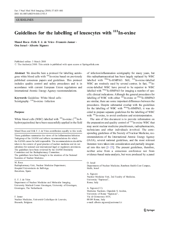(PDF) Guidelines for the labelling of leucocytes with 111In-oxine