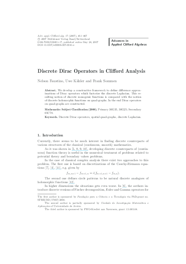 Pdf Discrete Dirac Operators In Clifford Analysis Uwe Kähler