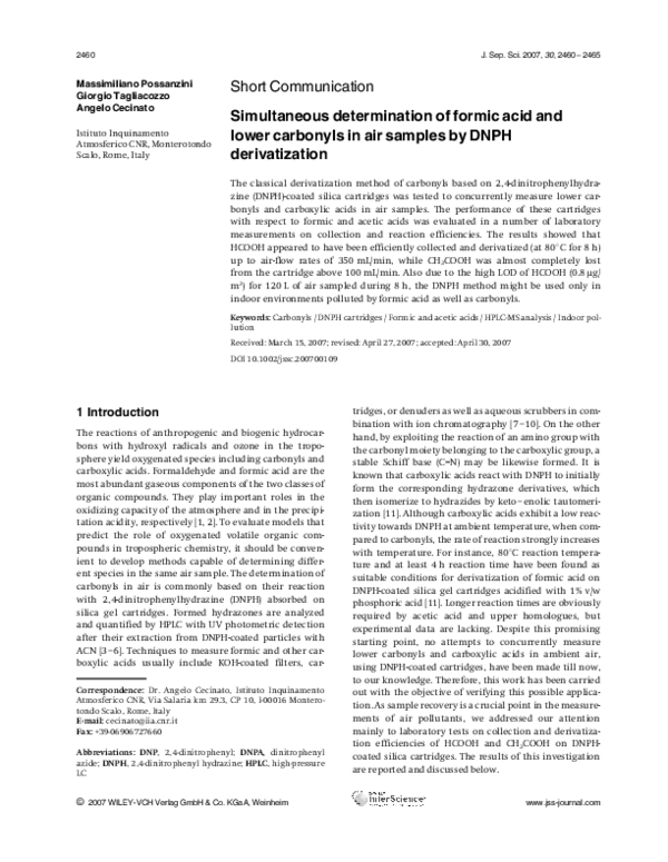 (PDF) Simultaneous determination of formic acid and lower carbonyls in air samples by DNPH ...