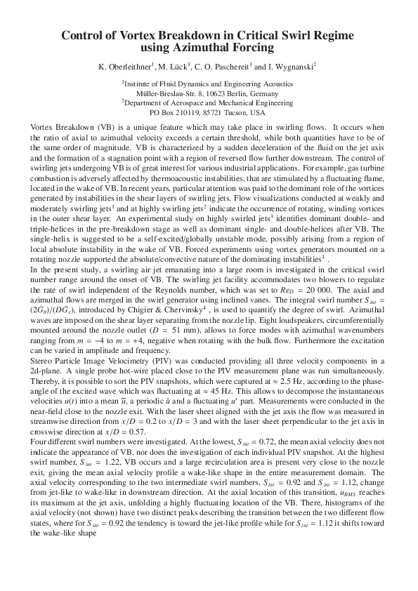 (PDF) Control of vortex breakdown in critical swirl regime using azimuthal forcing