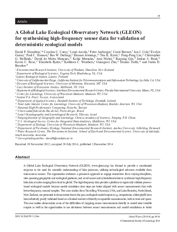 (PDF) A Global Lake Ecological Observatory Network (GLEON) for ...