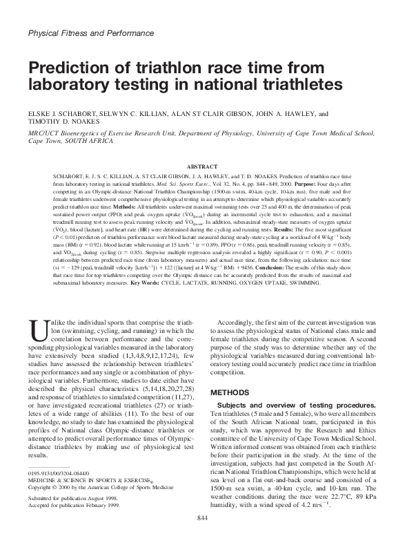 (PDF) Prediction of triathlon race time from laboratory testing in ...