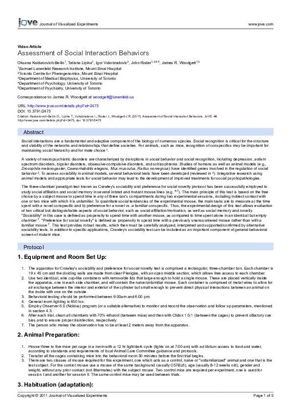 (PDF) Assessment of social interaction behaviors