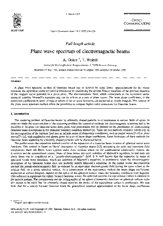 (PDF) Plane wave spectrum of electromagnetic beams