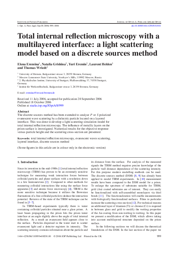 (PDF) Total internal reflection microscopy with a multilayered interface: a light scattering ...