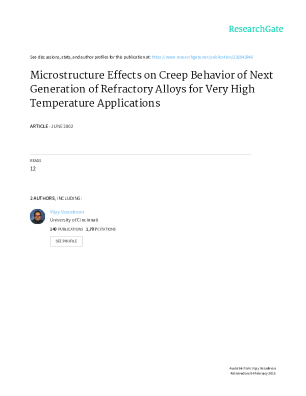 (PDF) Microstructure Effects on Creep Behavior of Next Generation of Refractory Alloys for Very ...