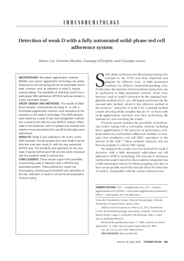(PDF) Detection of weak D with a fully automated solid-phase red cell ...