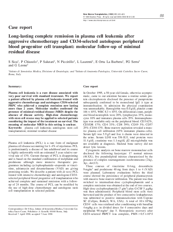 (PDF) Long-lasting complete remission in plasma cell leukemia after ...