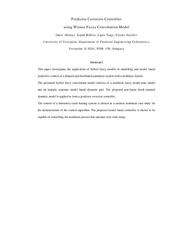 (PDF) Predictor corrector controller using wiener fuzzy convolution model | Ferenc Szeifert ...