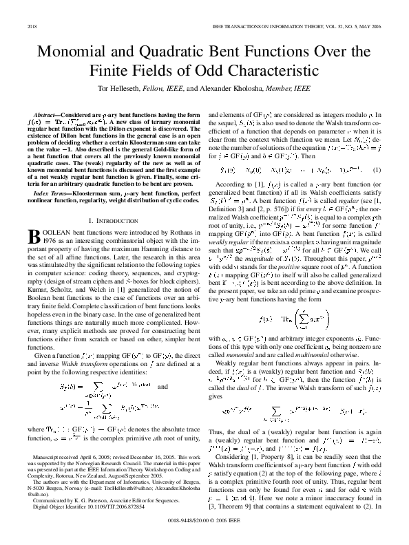 Pdf Monomial And Quadratic Bent Functions Over The Finite Fields Of Odd Characteristic