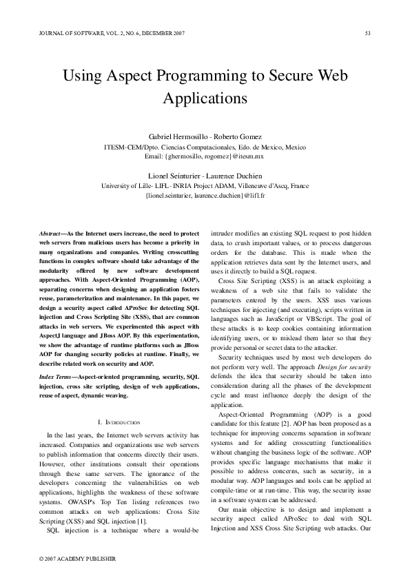 (PDF) Using Aspect Programming to Secure Web Applications