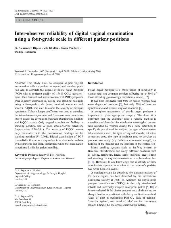 (PDF) Inter-observer reliability of digital vaginal examination using a ...