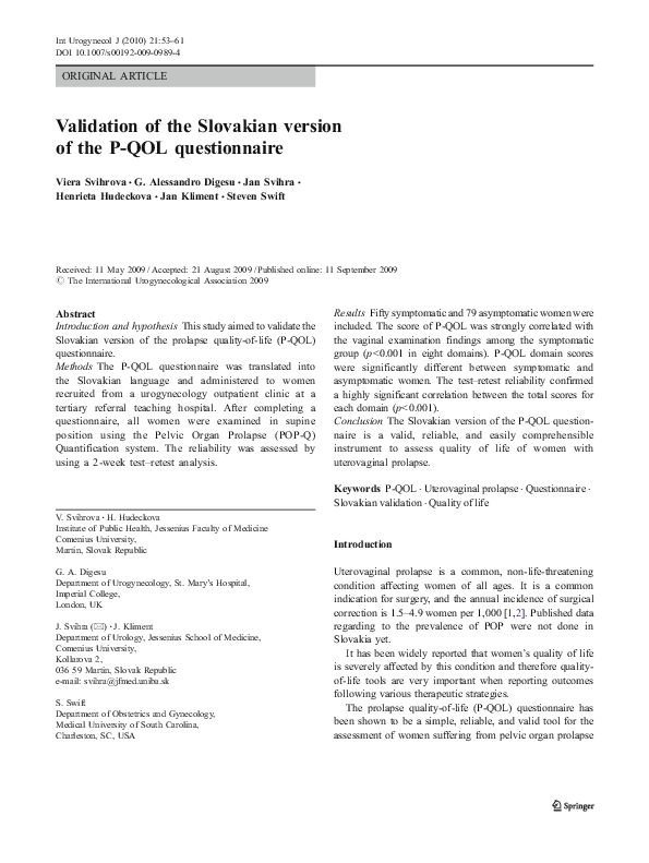 (PDF) Validation of the Slovakian version of the P-QOL questionnaire