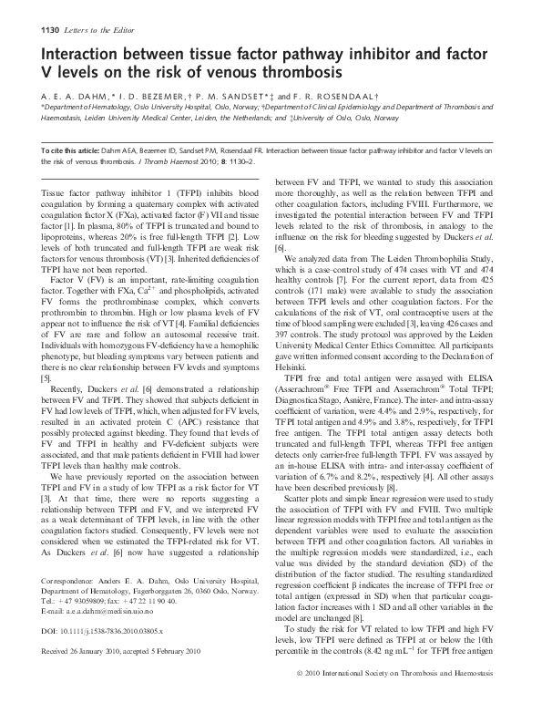 (PDF) Interaction between tissue factor pathway inhibitor and factor V ...